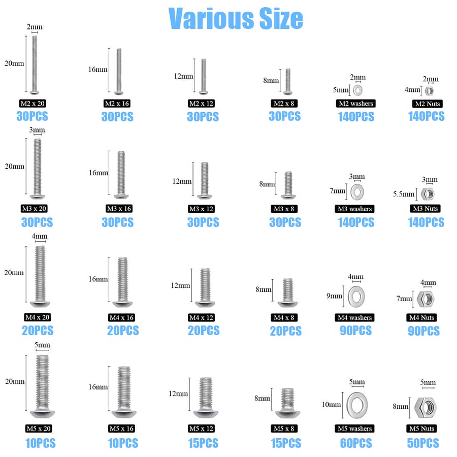 1220pcs Box Stainless Steel Round Head Inner Hex Bolts Nuts Washers M2 ...