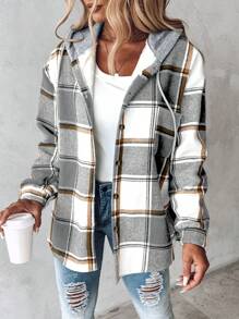 ChicMe Plaid Print Buttoned Hooded Shacket | SHEIN USA