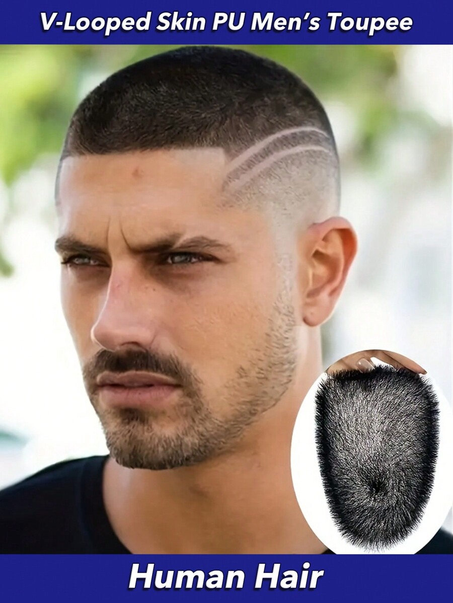 15x20 CM 13x18 CM Full PU Thin Skin Hair System Man Toupee, Knotless V Looped Style, 1cm Buzz ...
