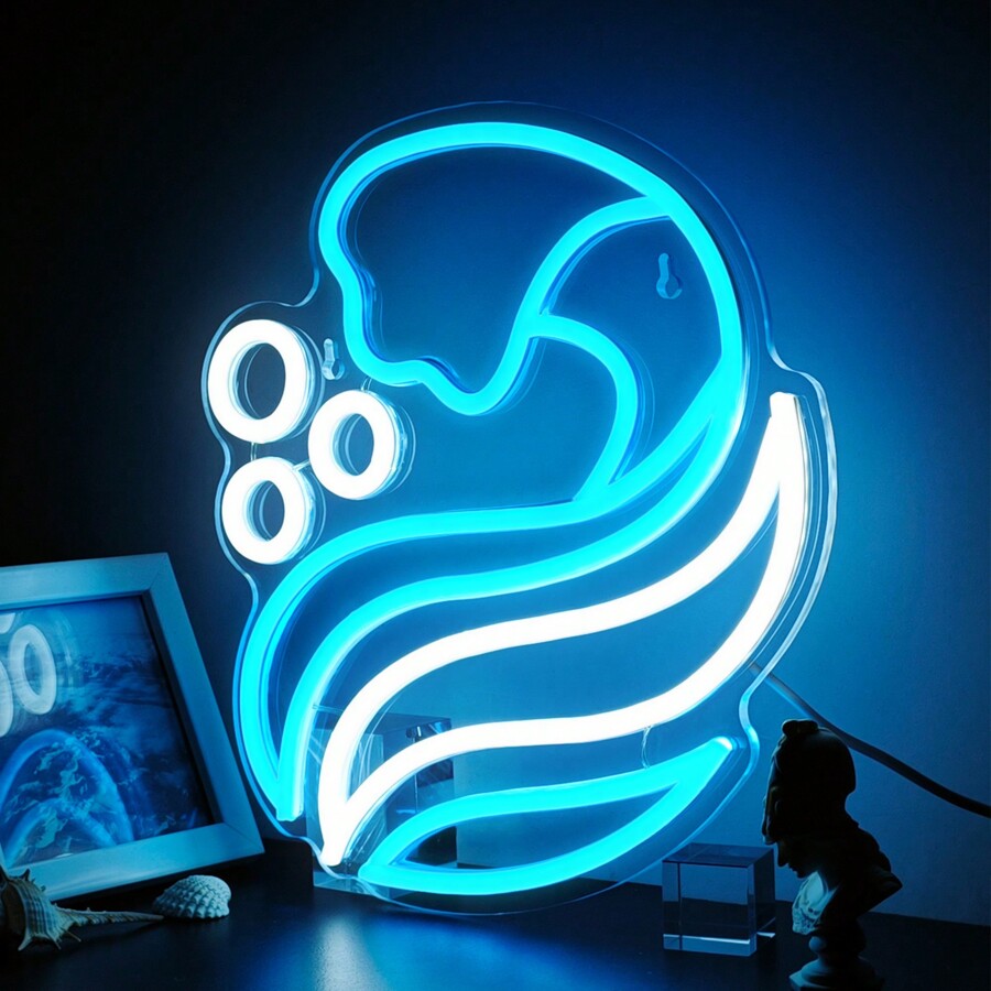 Wave Neon Signs For Bedroom Ice Blue Dimmable Wave Neon Light Art Wall ...