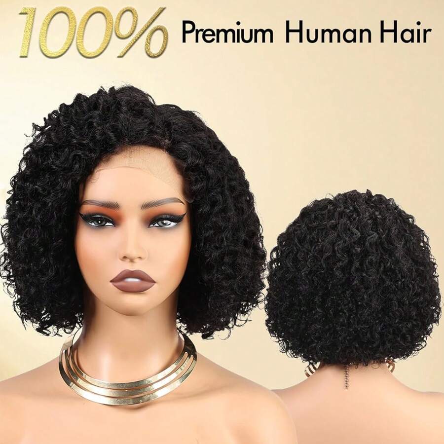 Kinky Curly Bob Wig Human Hair 180% Density Side Part Short Lace Front ...
