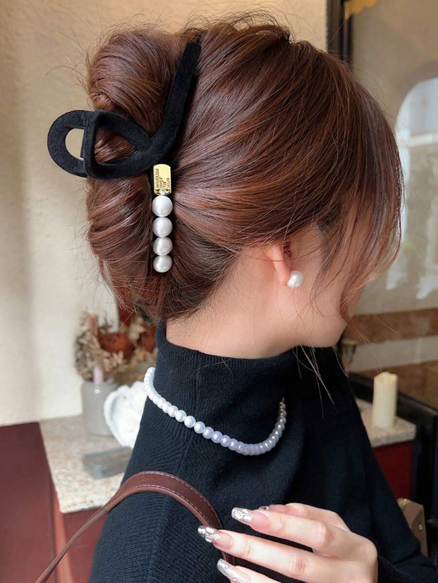 1pc Women's Plus Size Faux Pearl & Flocked Hair Claw Claw Clips ...