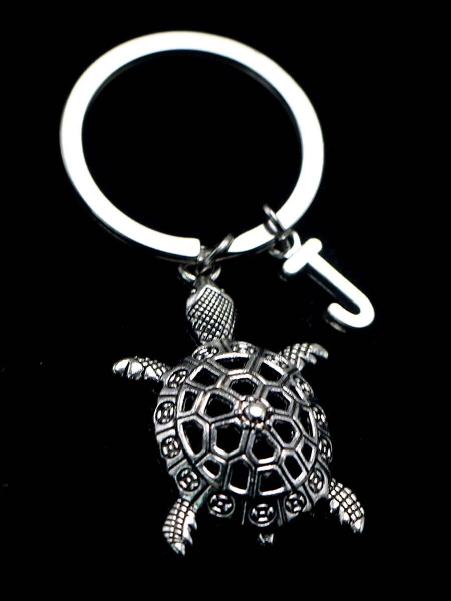 26 Letters Initial Keychain Antique Silver Color Turtle Pendant Key ...