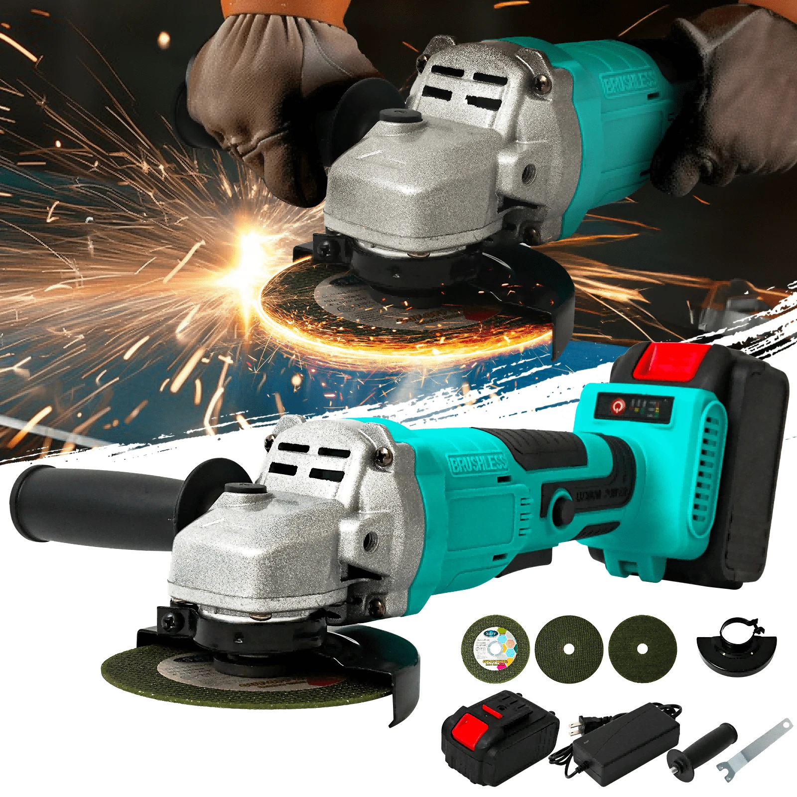 21V Cordless Angle Grinder, 4.0Ah Battery & 2A Fast Charger, 12000RPM ...