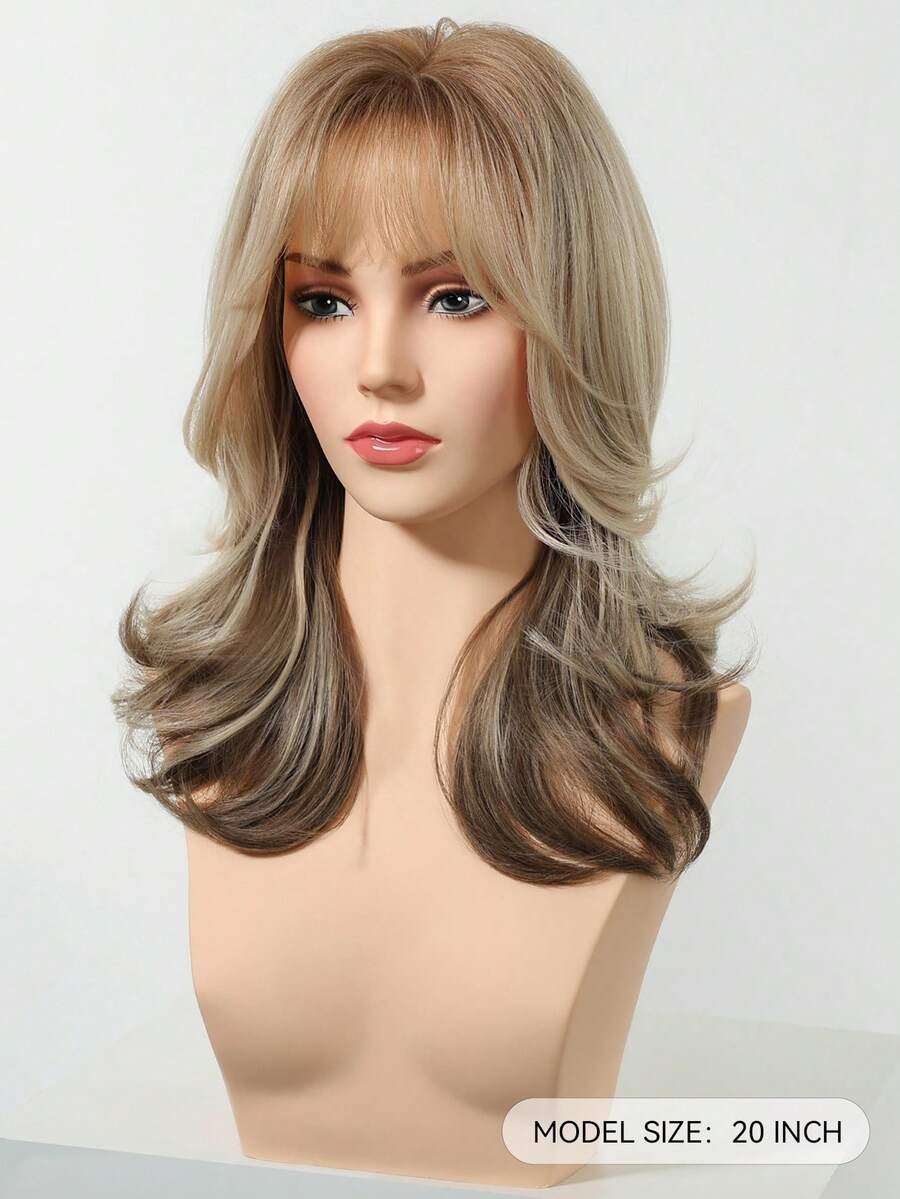 20 Inch Brown With Bangs Medium Long Hair Layered Curly Hair Daily ...