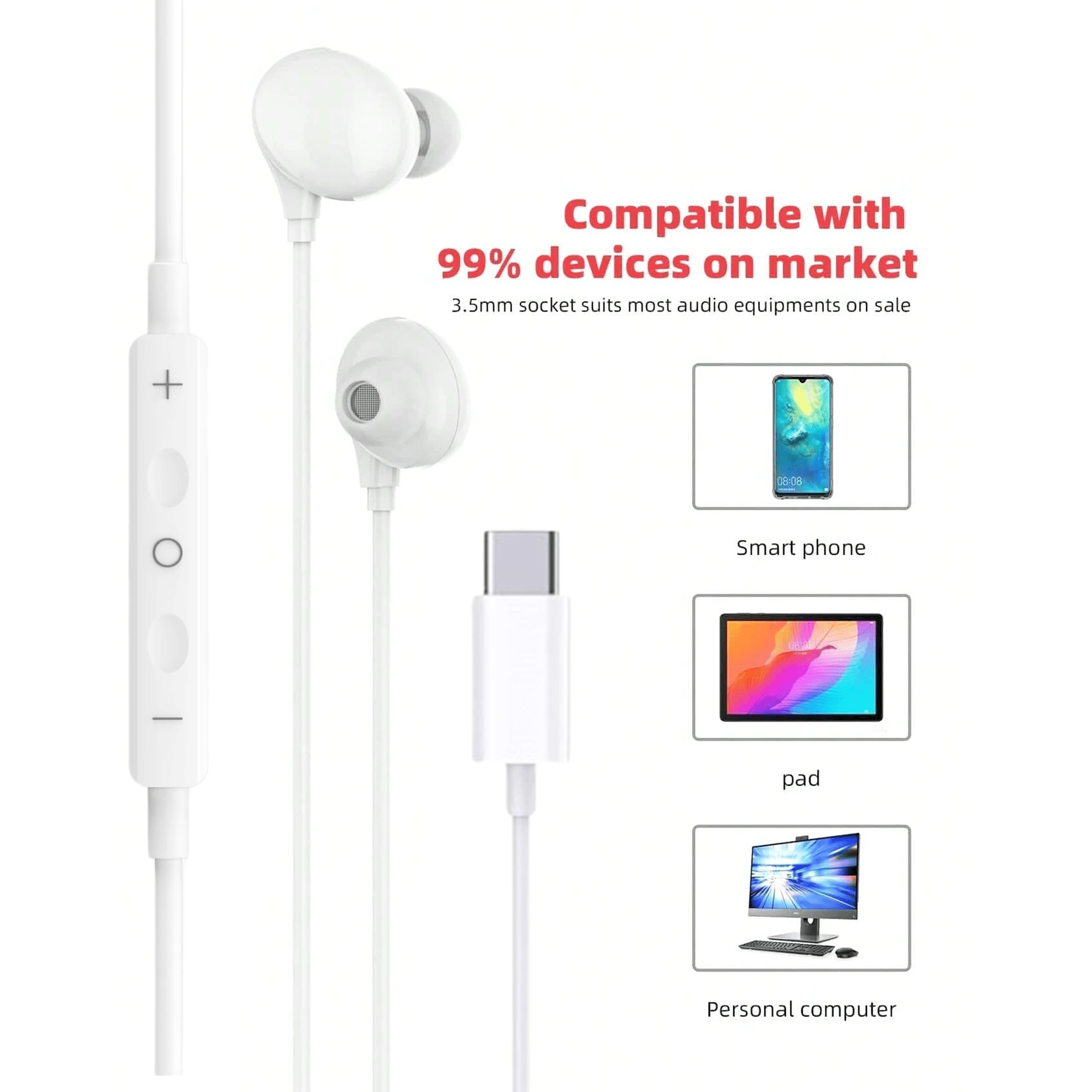 Type C Wired Earphones USB C Earbuds For Calls And Music Bass Stereo ...