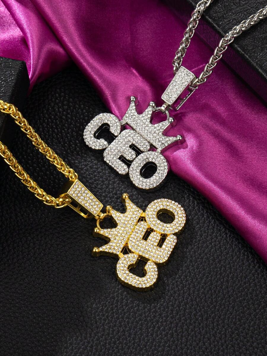 1pc Rhinestone Crown CEO Pendant Necklace, Hip Hop Style Thick Chain ...