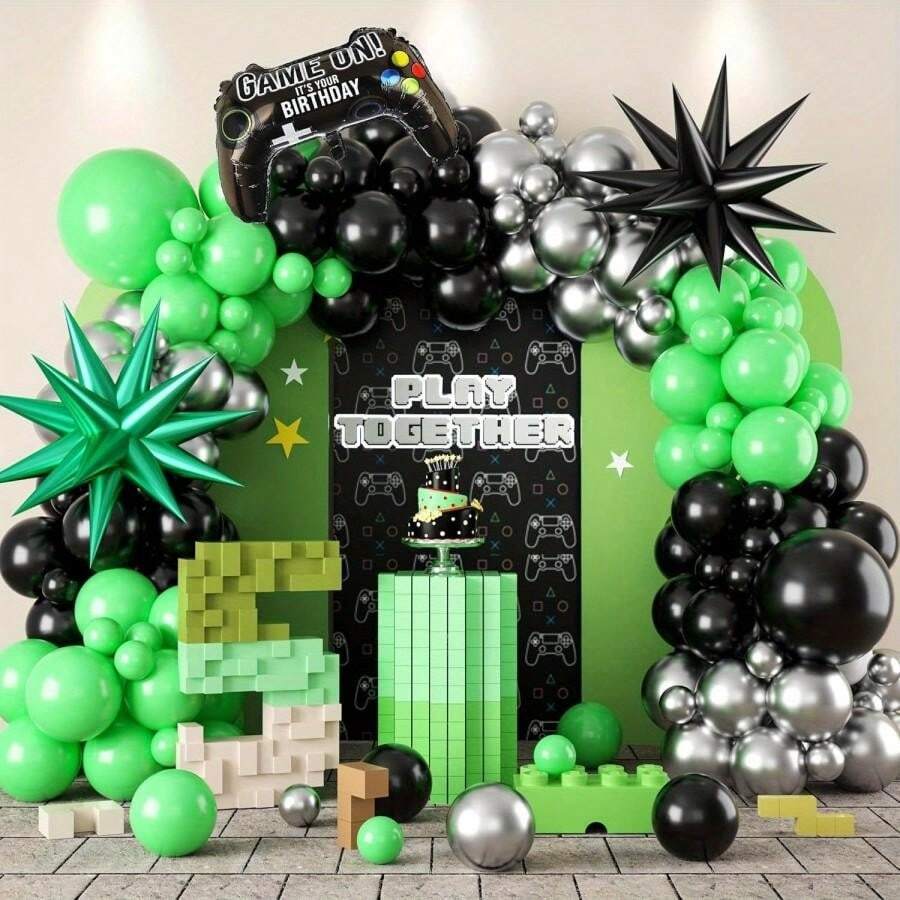 122pcs Video Game Balloon Arch Kit, Green & Black & Silver Balloon Arch ...