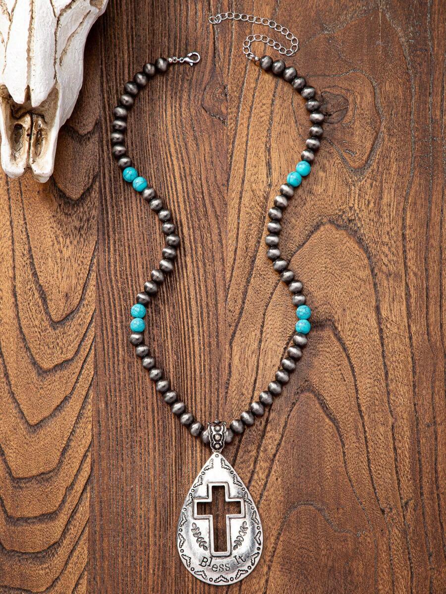 1 Pc Western Country Style Faux Pearl Beaded Necklace Middle West Cross Pendant Necklace Cowgirl ...