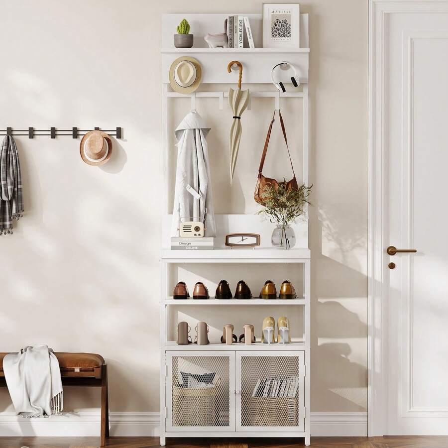 EastVita Hall Tree, Coat Rack Freestanding With Mesh Doors, Entryway ...