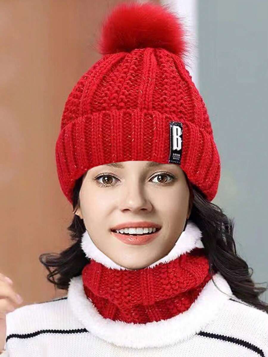 2pcs/Set Winter Warm Knit Hat Set, Thick Plush Windproof Ski Cap, Neck ...