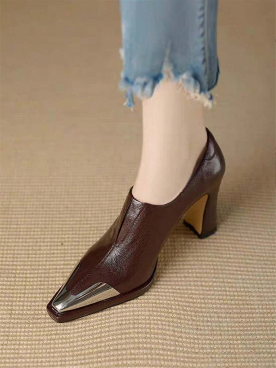 Women's Trendy Pointed Toe Thick Heel Metal Splice Increased Height ...