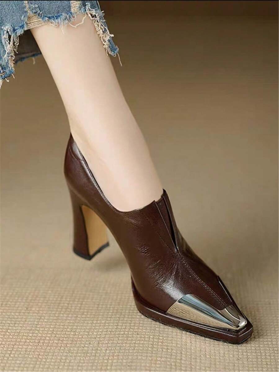 Women's Trendy Pointed Toe Thick Heel Metal Splice Increased Height ...