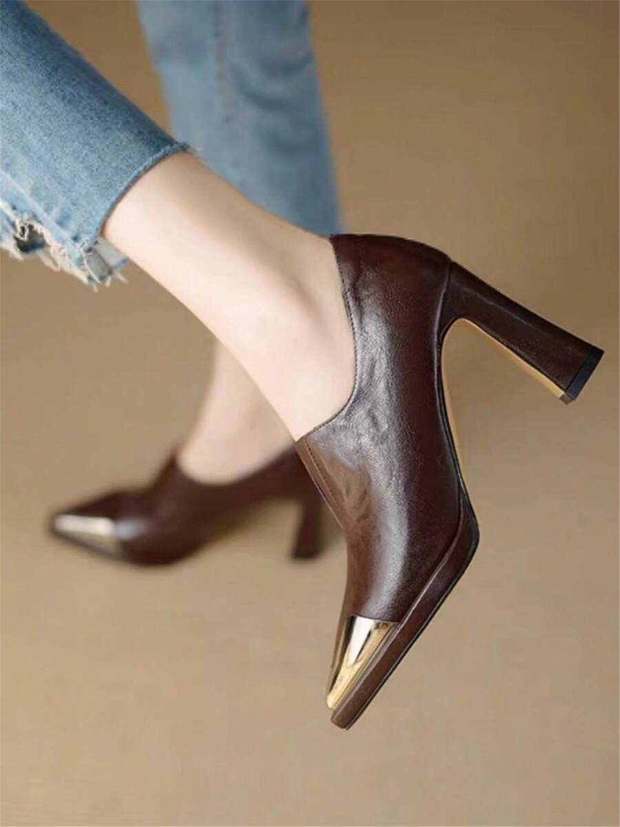 Women's Trendy Pointed Toe Thick Heel Metal Splice Increased Height ...