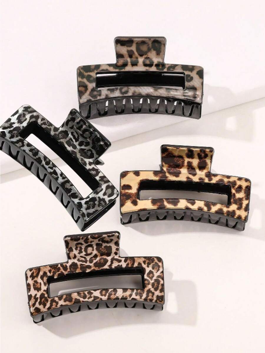 4pcs/Set Medium Leopard Print Square Hair Claws, Versatile Plastic ...