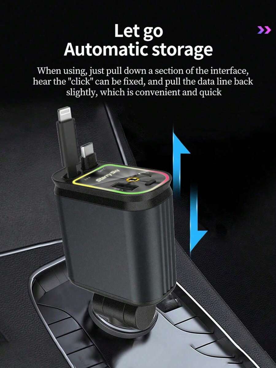 1pc 4-In-1 Car Charger With Starry Sky Air Vent Light, Retractable ...