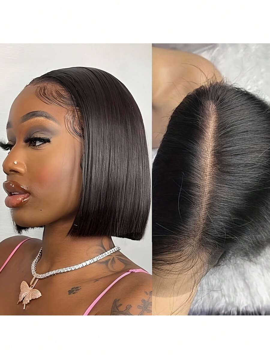 Perruque Bob en cheveux humains 8-16 pouces 13x4 Perruque frontale en dentelle sans colle pré ...