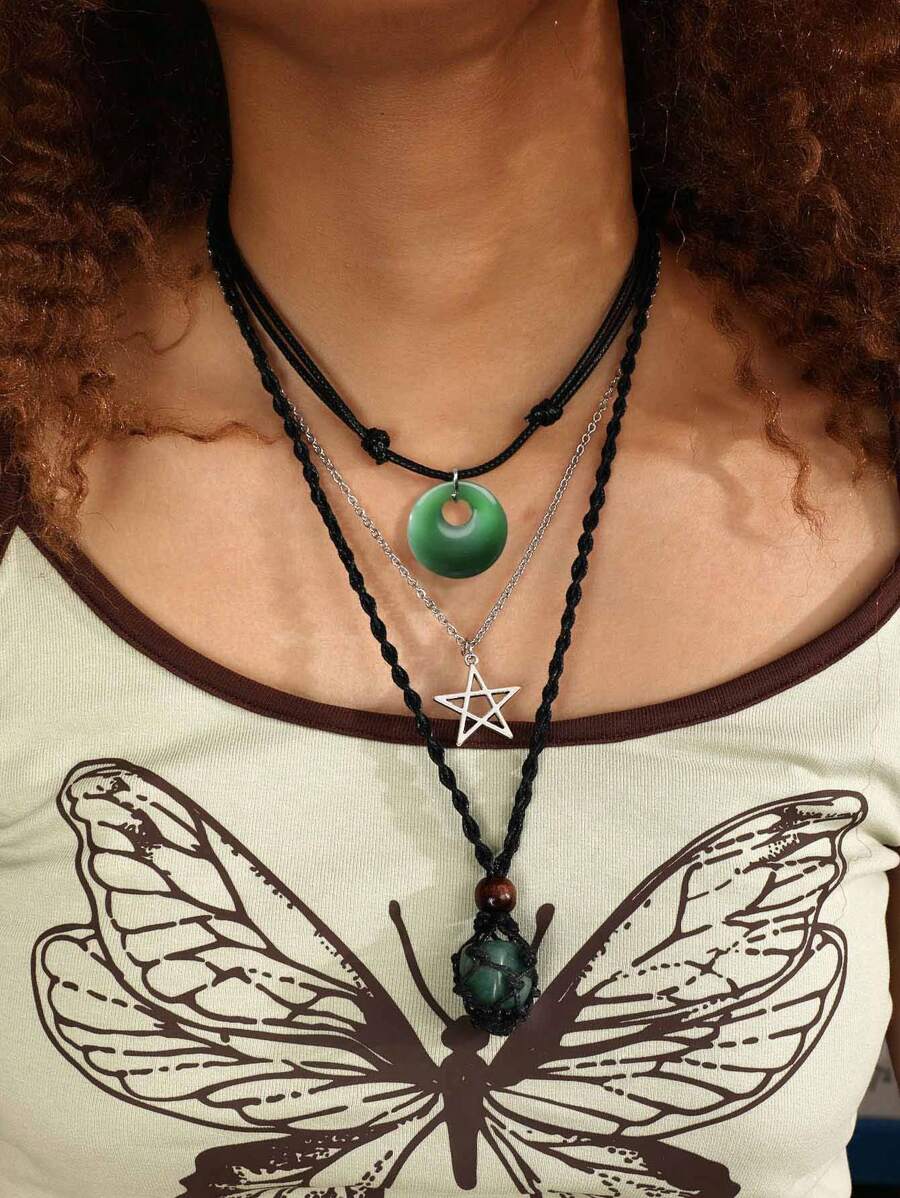 3pcs/Set Vintage Gothic Style Star Glazed Jade-Like Green & Light Green ...