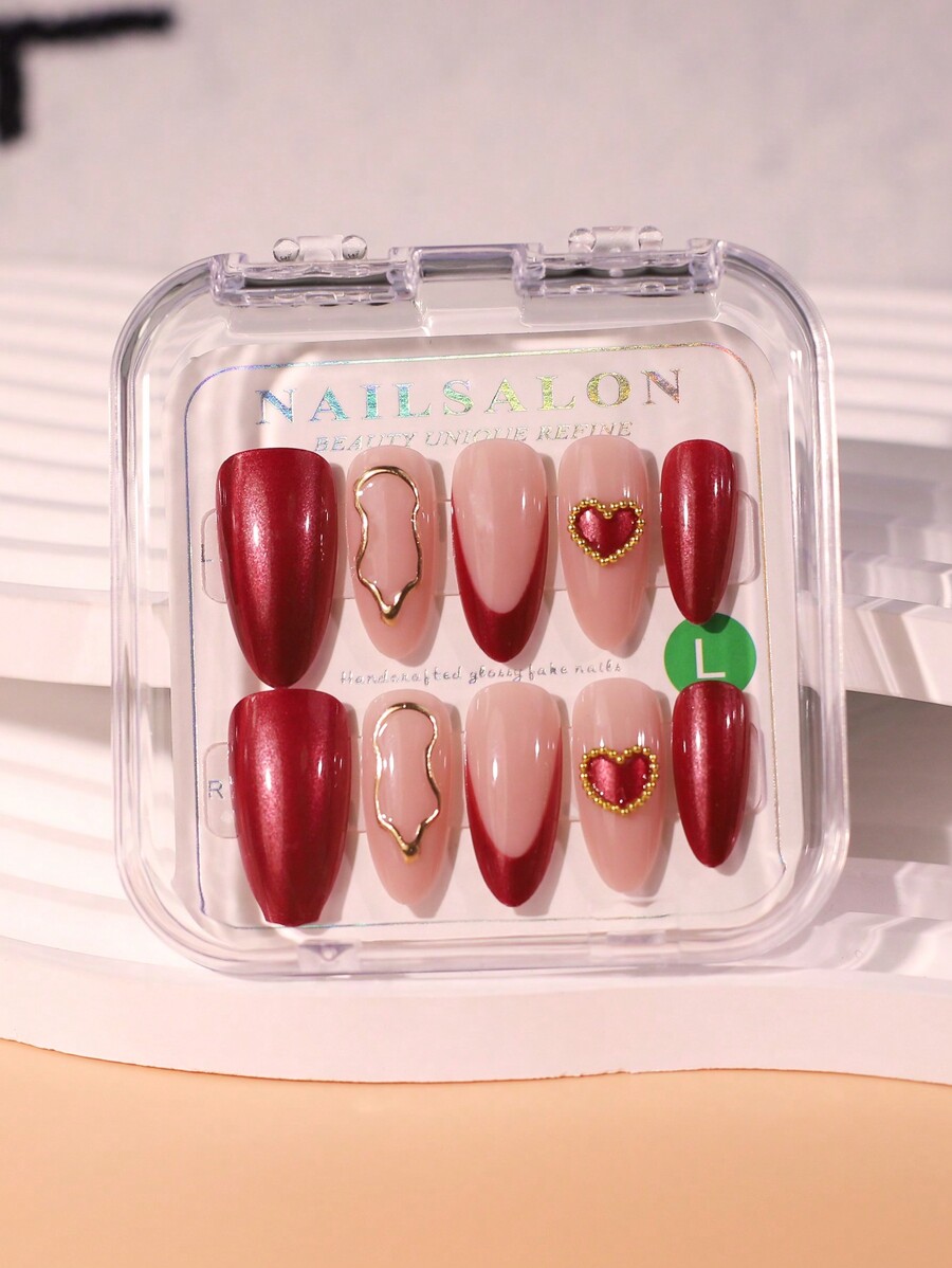 10 Pairs Handmade Glossy Press-On Nails - Water Drop Shape, Red Cat Eye Heart Design, Reusable ...