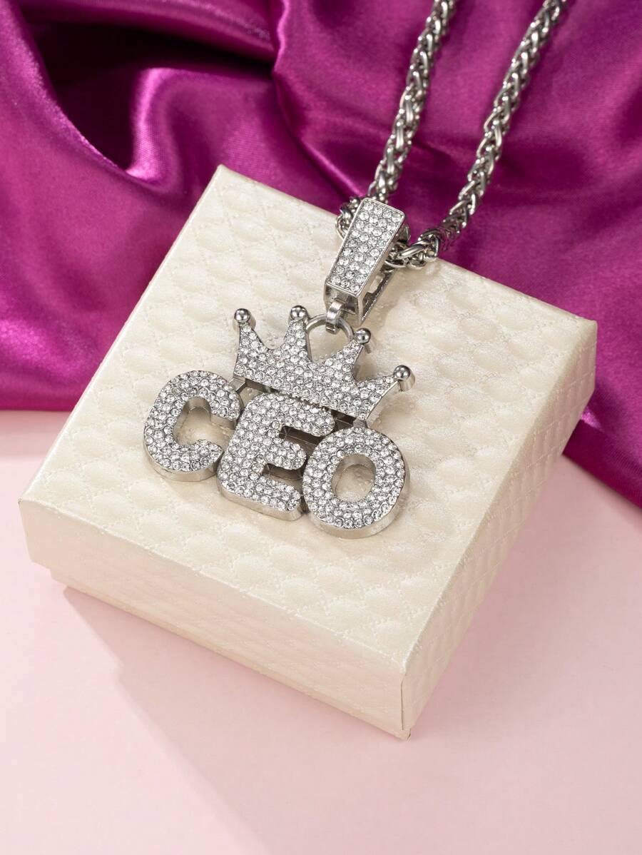 1pc Rhinestone Crown CEO Pendant Necklace, Hip Hop Style Thick Chain ...