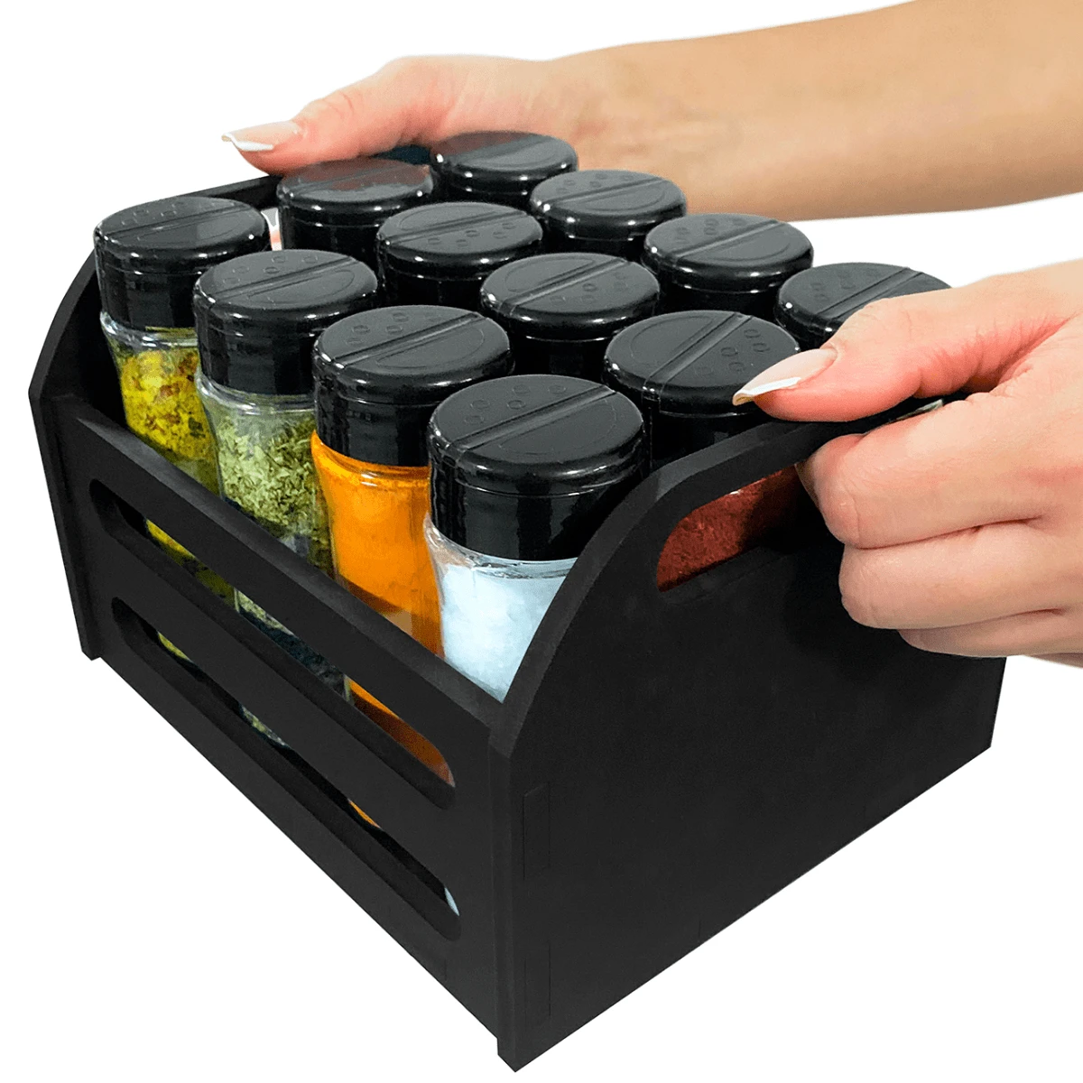 Spice And Condiment Holder MDF Basket Crate With 12 130ml Plastic Jars ...