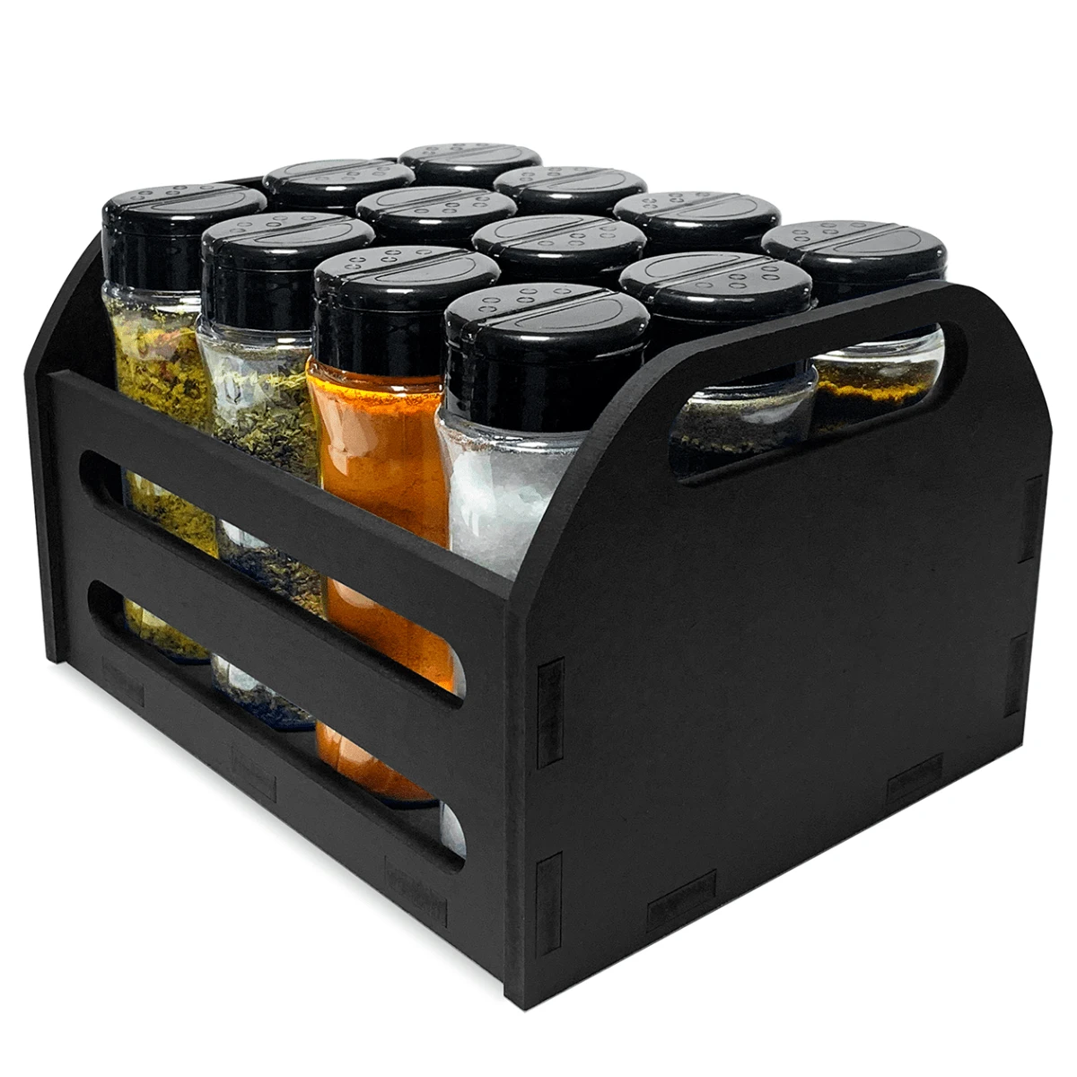 Spice And Condiment Holder MDF Basket Crate With 12 130ml Plastic Jars ...