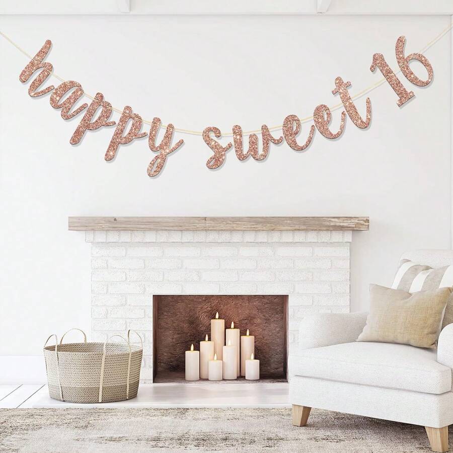 1 Set 16 Year Old Banner, Rose Gold Glitter Letter 16th Birthday Party ...