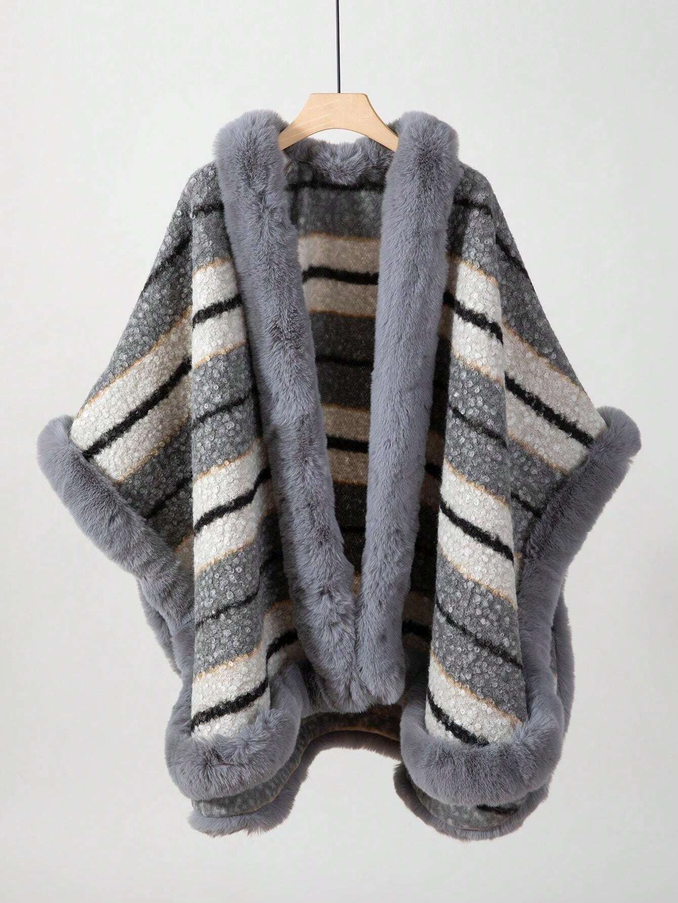 1pc Women's High-End Fashion Warm Rabbit Fur Splice Striped Colorblock ...