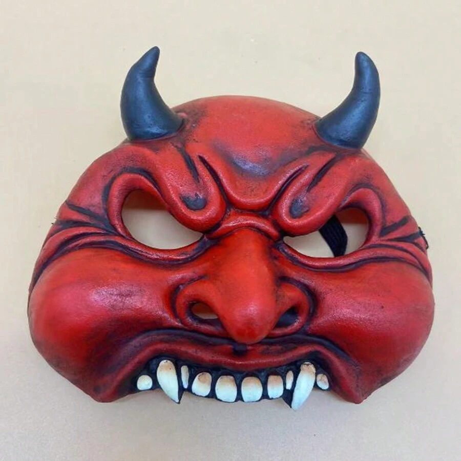 Red Demon Half Face Demon Mask Cow Horn Latex Mask Simulation ...