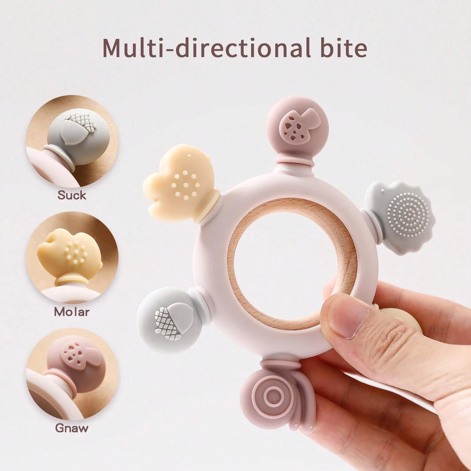 Natural Wooden Ring Teething Toy, Edible Silicone, Easy Grasp, Soothing ...