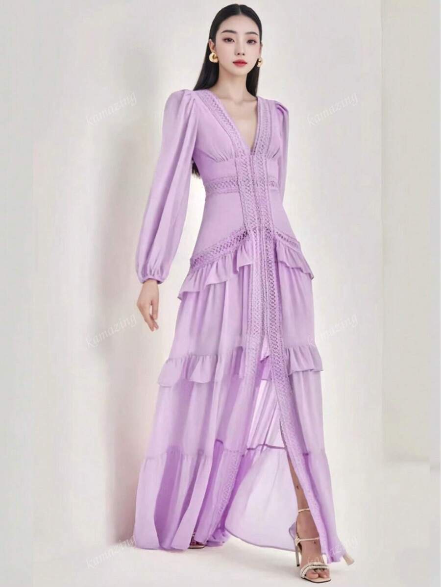 Solid Ruffle Patchwork Maxi Dress For Women Sexy Deep V-Neck Lantern ...