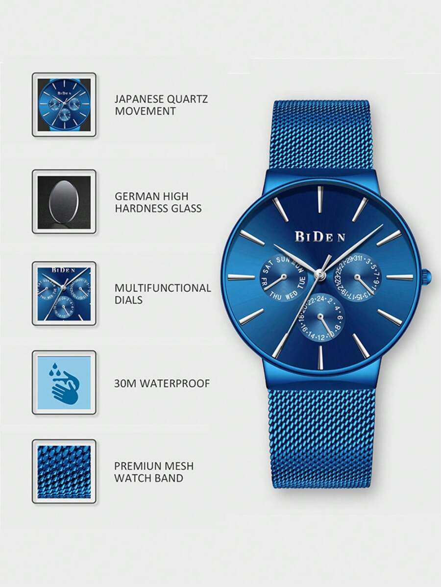 BIDEN Men's Watch Classic Blue Stainless Steel Strap 30M Waterproof Bar Scale High Quality ...