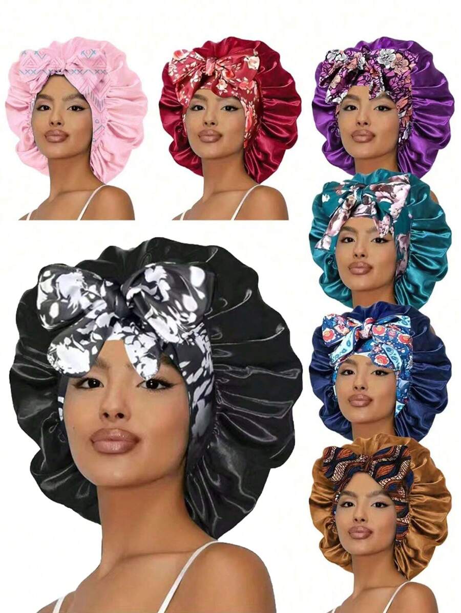 Women's Bonnet Solid Color Strap Printed Silk Smooth Satin Bonnet For ...