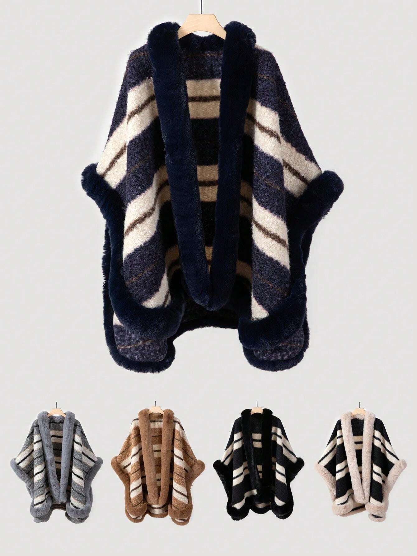 1pc Women's High-End Fashion Warm Rabbit Fur Splice Striped Colorblock ...