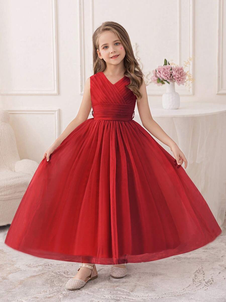 Girls Christmas Burgundy Tulle Dress, Maxi Formal Gown For Big Tween ...