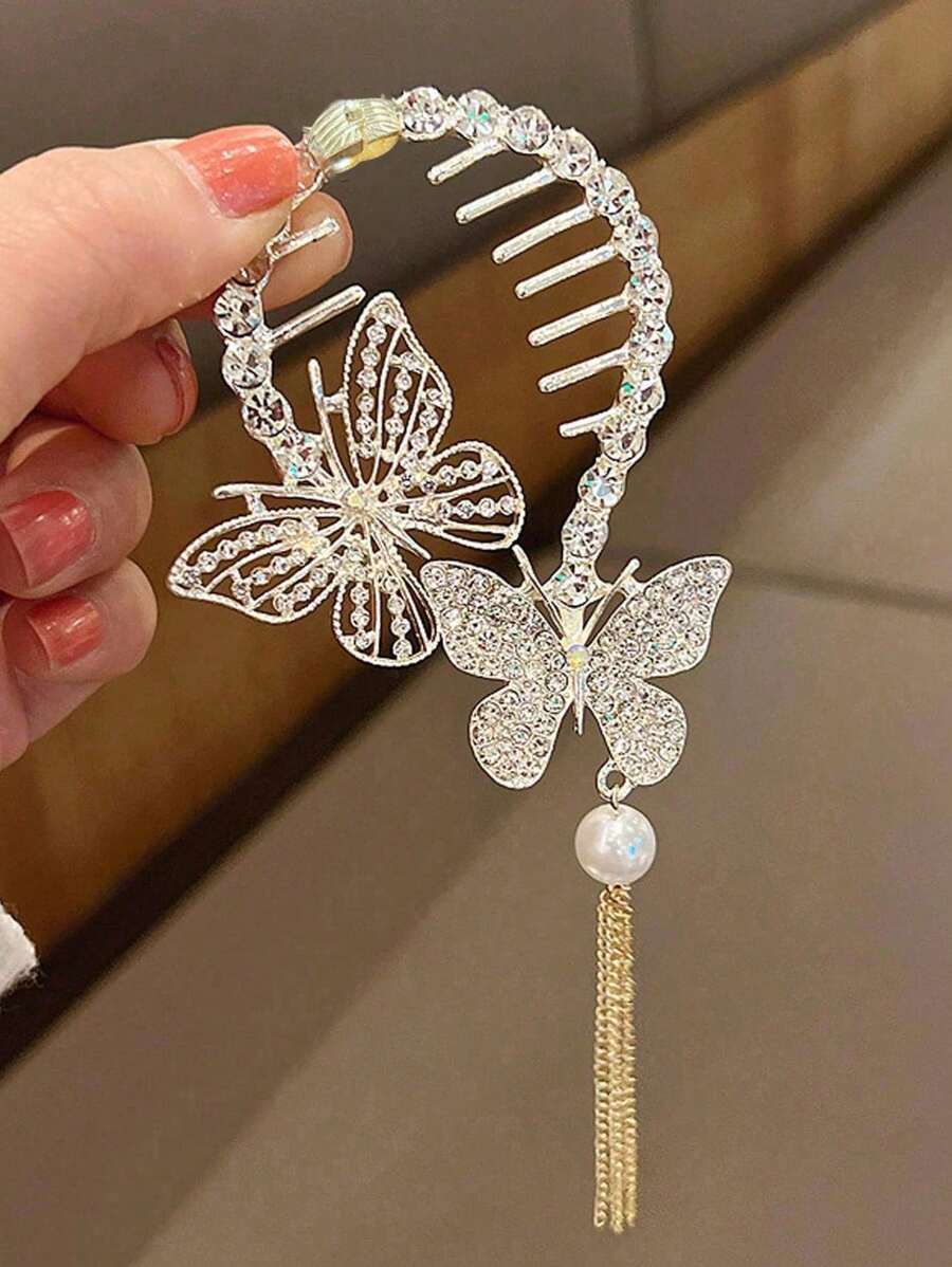 2pcs Women Metal Crystal Pearl Tassel Hair Claw Clips, Elegant Fashion ...