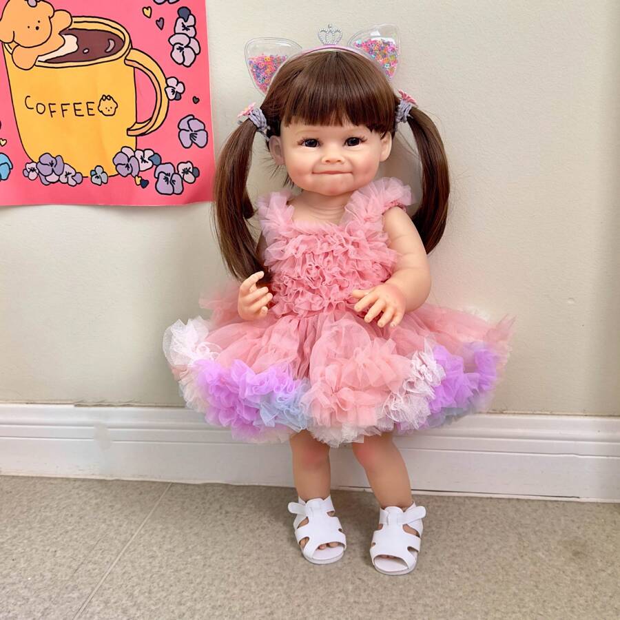 NPK 55CM Reborn Toddler Doll With Pink Dress Full Body Soft Silicone ...