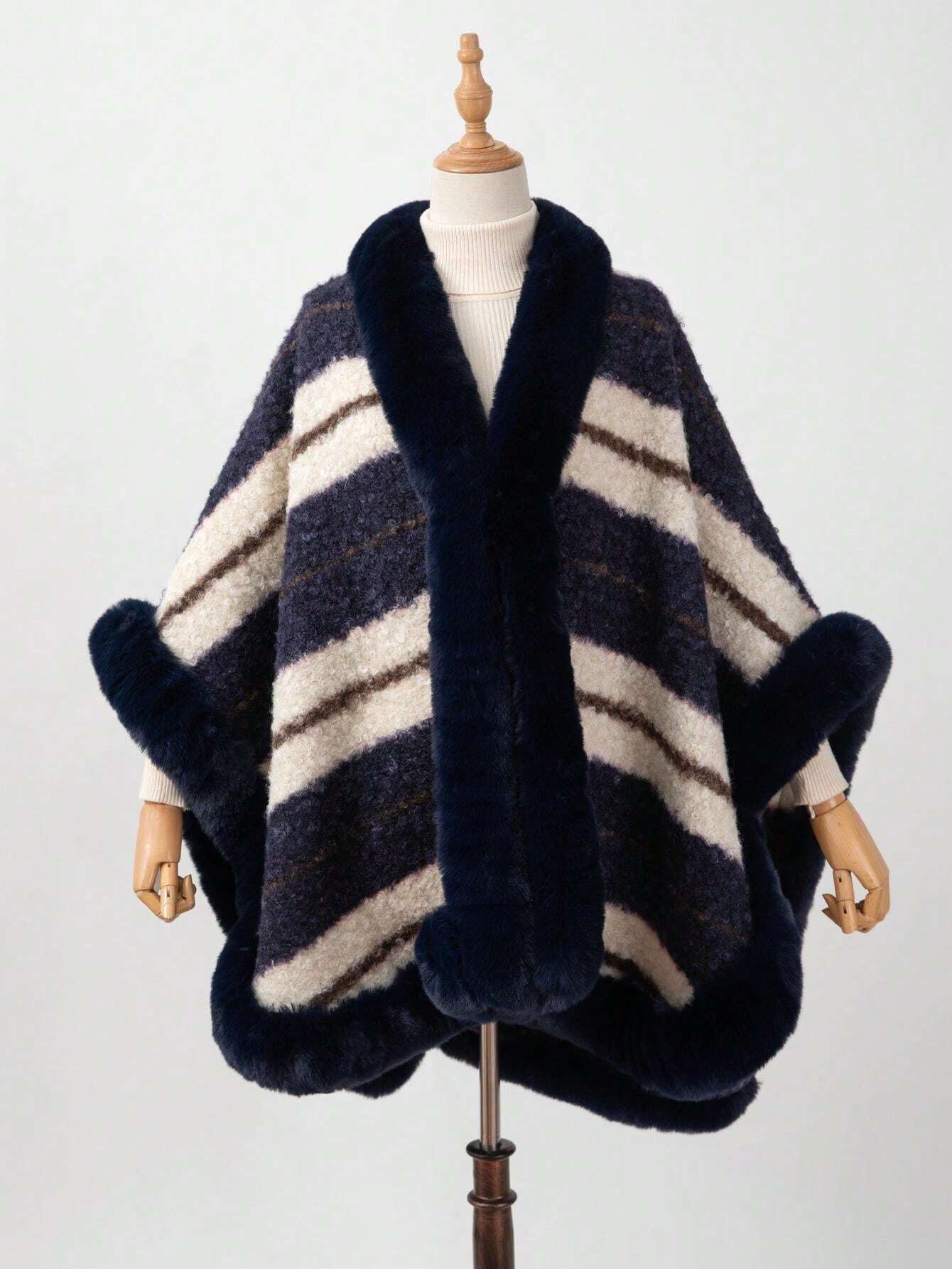 1pc Women's High-End Fashion Warm Rabbit Fur Splice Striped Colorblock ...