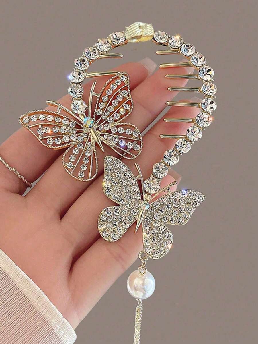 2pcs Women Metal Crystal Pearl Tassel Hair Claw Clips, Elegant Fashion ...