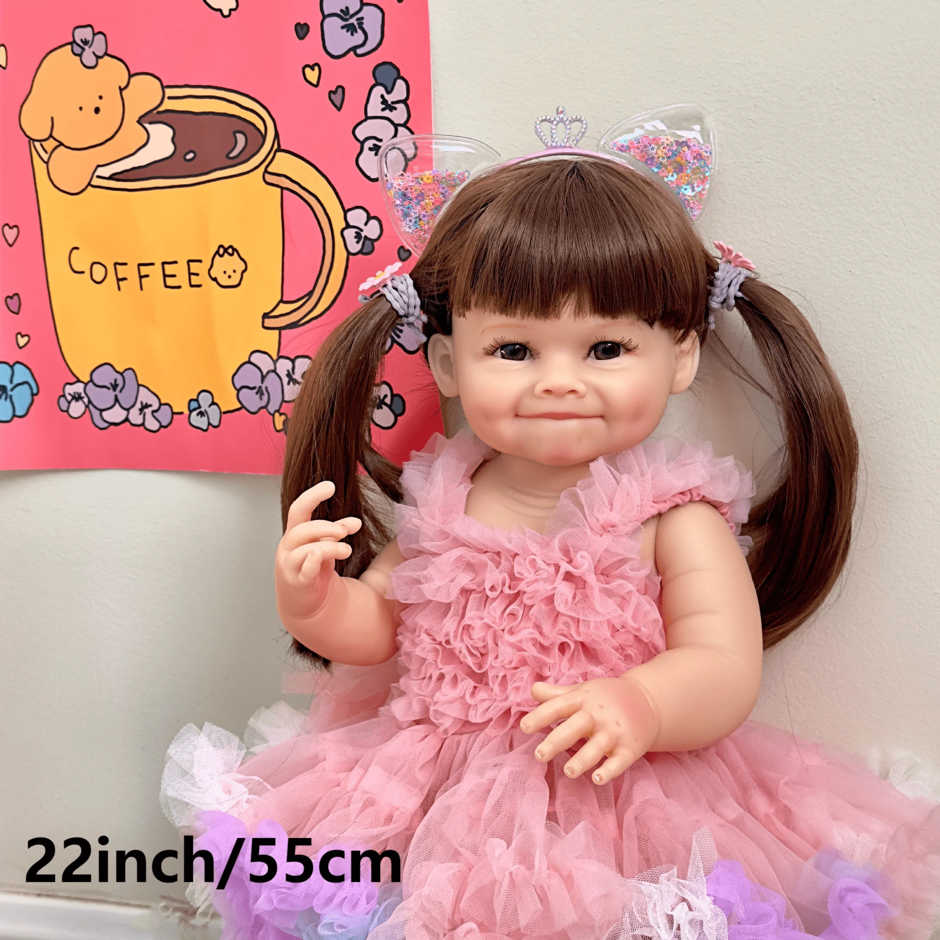 NPK 55CM Reborn Toddler Doll With Pink Dress Full Body Soft Silicone ...