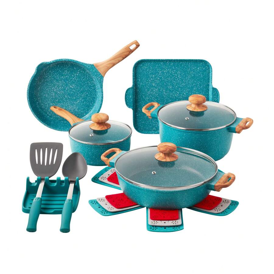 14-Piece Cast Aluminum Cookware Set, Teal Speckle | SHEIN USA