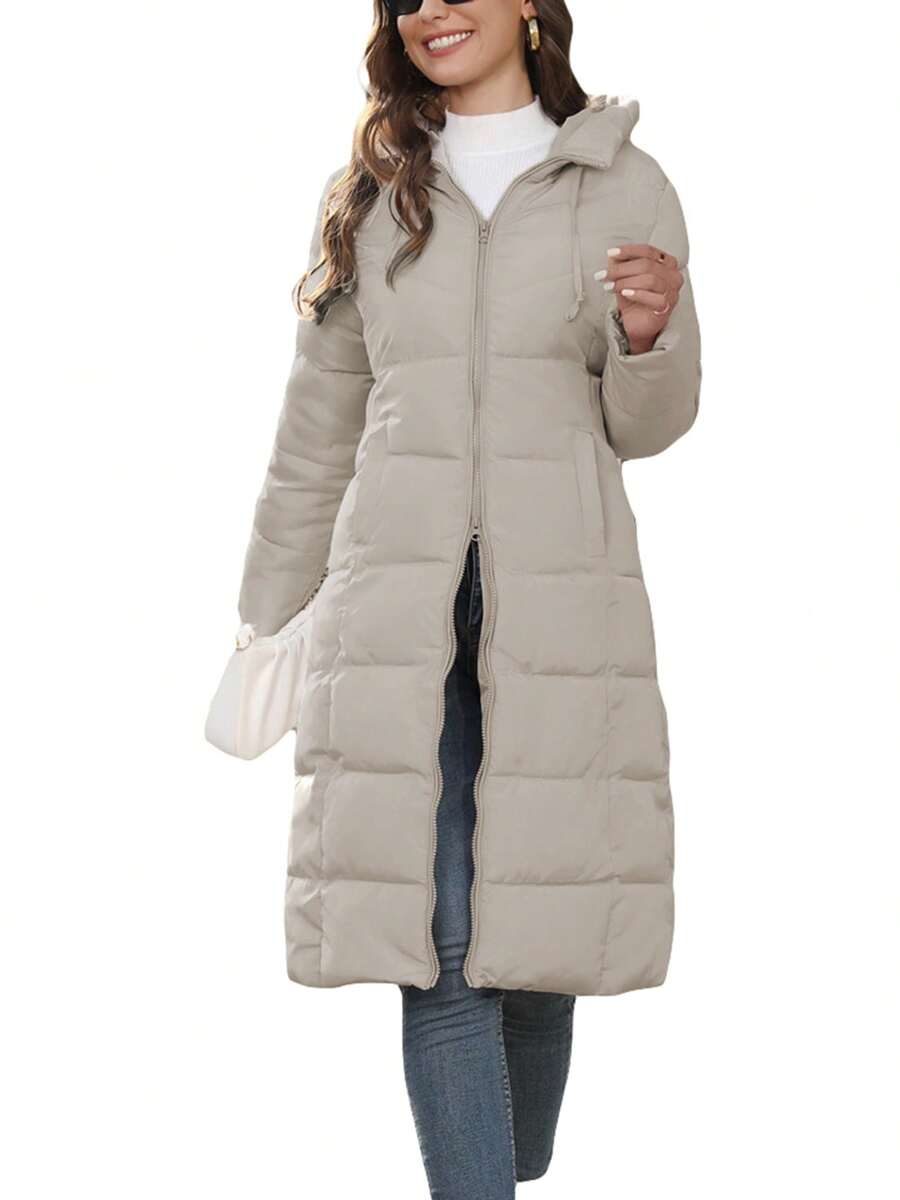 Women's Long Winter Warm Quilted Coat Long Sleeve Zip Up Outwear With Hood 100%Polyester | SHEIN USA