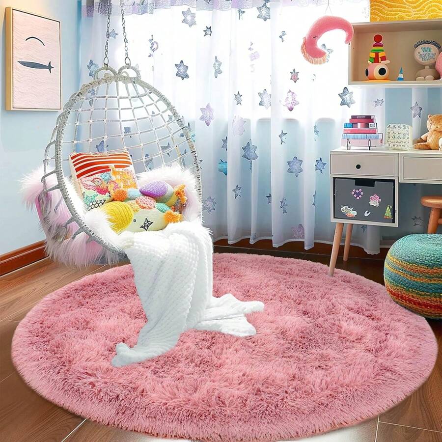 Fluffy Rug Round Black Super Soft Furry Rug For Kids Room, Shaggy Rug ...