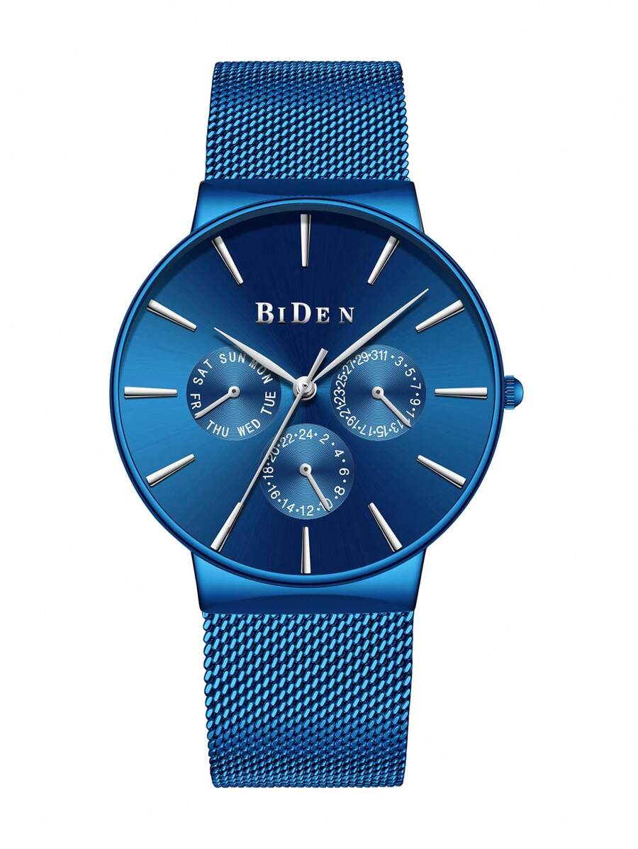 BIDEN Men's Watch Classic Blue Stainless Steel Strap 30M Waterproof Bar Scale High Quality ...