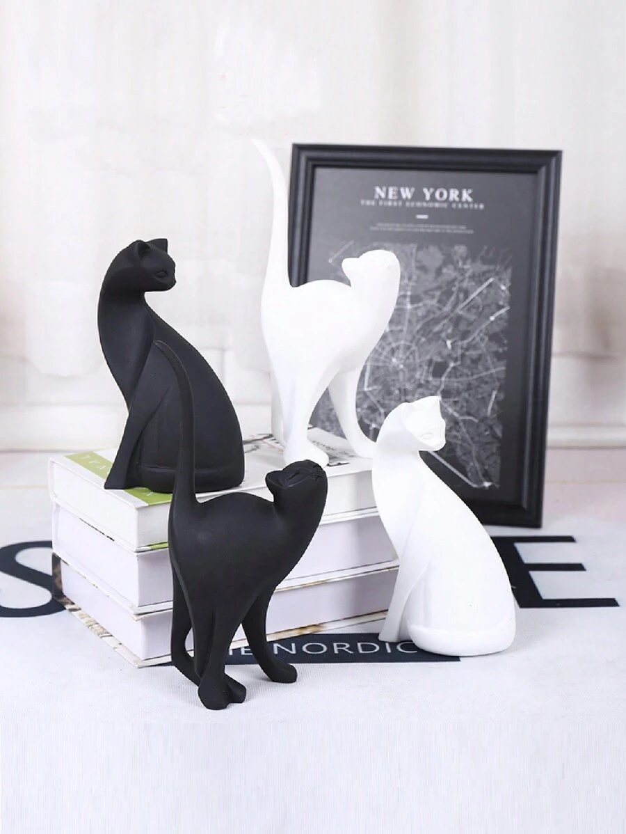 1pc White And Black Cat Statues Home Decor, Unique Cat Ornament For ...