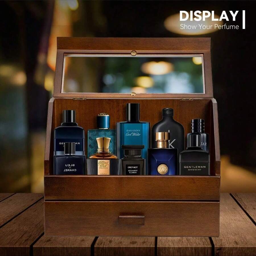 Cologne Organizer For Men, Wood Perfume Organizer Storage With Drawer ...