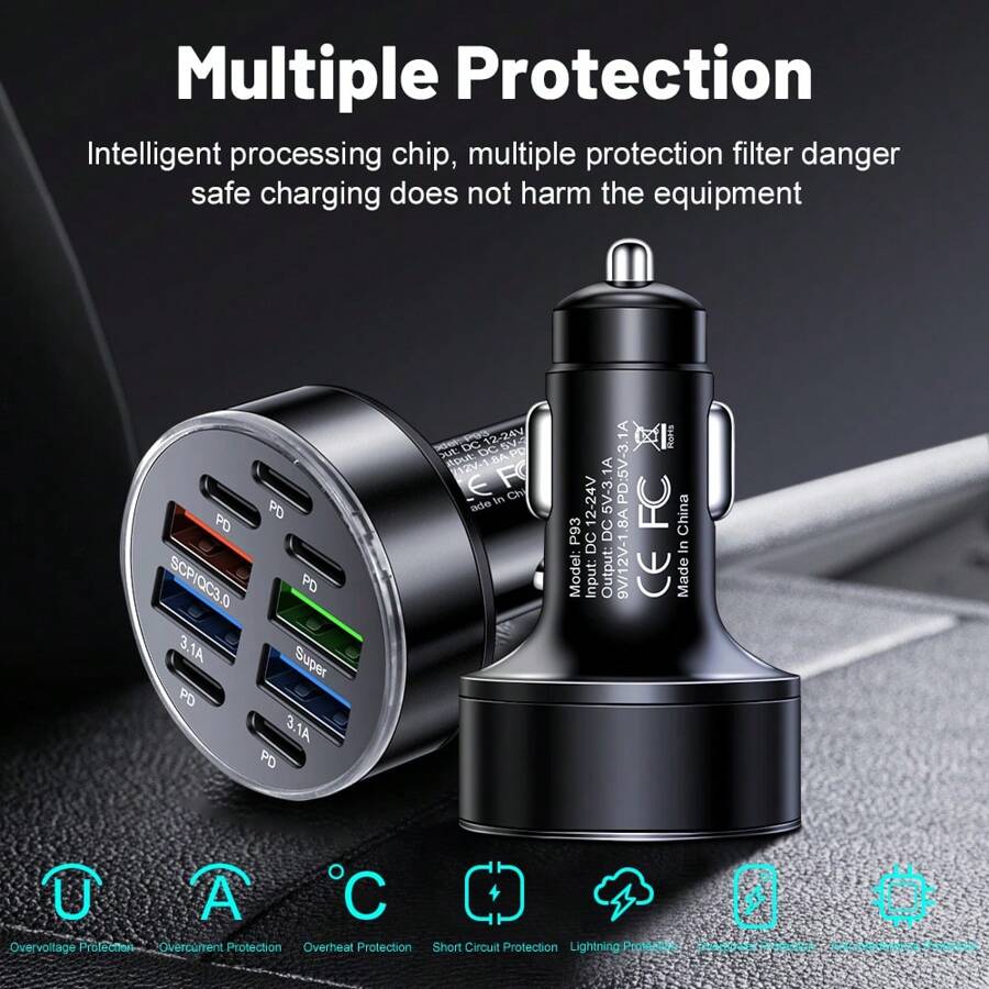 150W 9-Port Car Charger [4 USB + 5 Type C Fast Charging Adapter] Suitable Compatible With Iphone ...