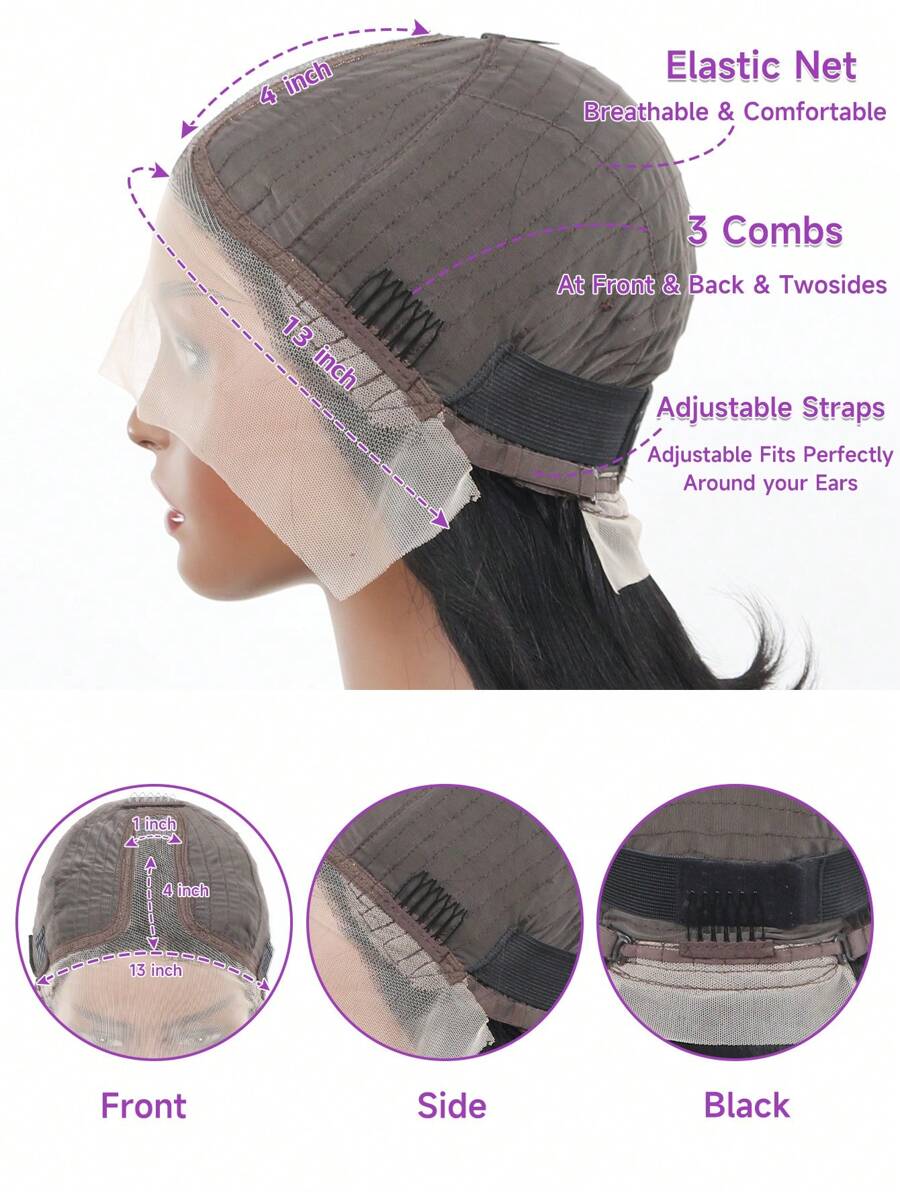 Perruque de carré droite en cheveux humains sans colle 13x4x1 perruques ...