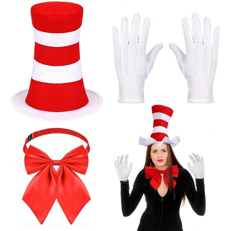 3pcs Easy-To-Wear Cat Cosplay Costume Kit - Red & White Striped Top Hat ...