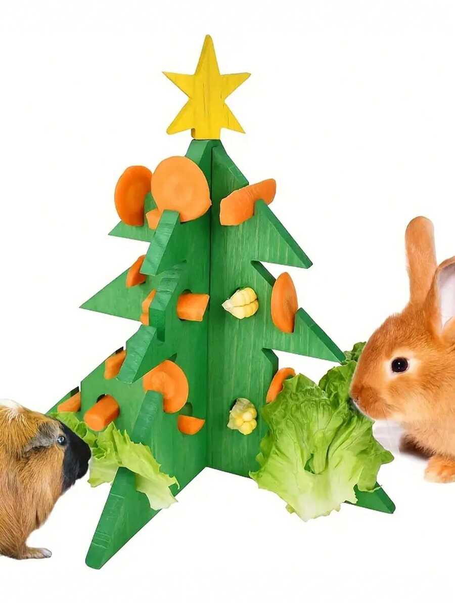 Easy To Install Wooden Christmas Tree Forage Toy For Rabbits, Guinea ...